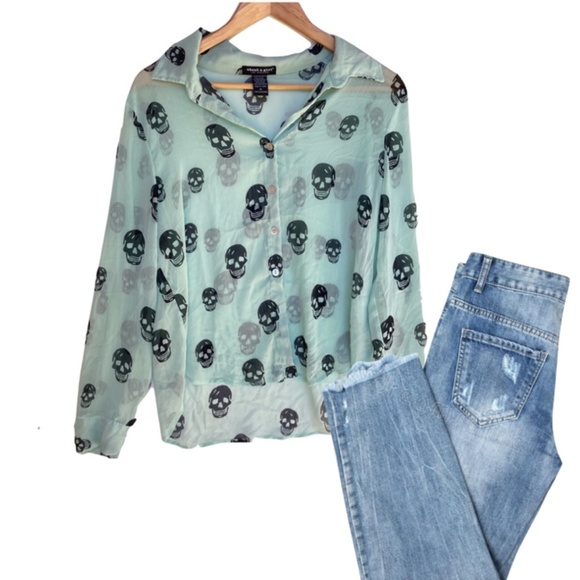 About A Girl | Tops | About A Girl Mint Green Skull Blouse Medium ...
